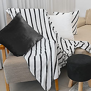 4 Piece Throw Blanket with Pillow Covers Set - Black & White Stripes Fleece Blanket with 3 Throw Pillow Covers - Soft Fluffy Cozy Flannel Blanket - Black, White and Stripe Square Pillow Covers 18x18