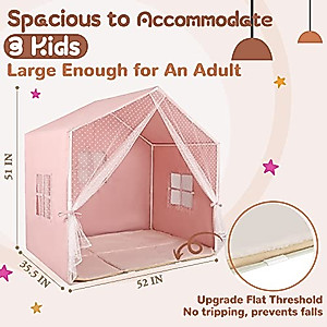 Kids Play Tent Indoor Outdoor, Large Play House Tents for Toddlers 3-12 Years Old, Girls Boys Play Tents with Non-Slip Mat and Star Lights, Pink 51" x 35.5" x 52"