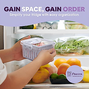 Frovita 3PCS Fruit Containers for Fridge - Airtight Fruit Storage Containers for Fridge with Lids and Strainers - Food Organizer Containers Colander with Built in Month and Date Tracker