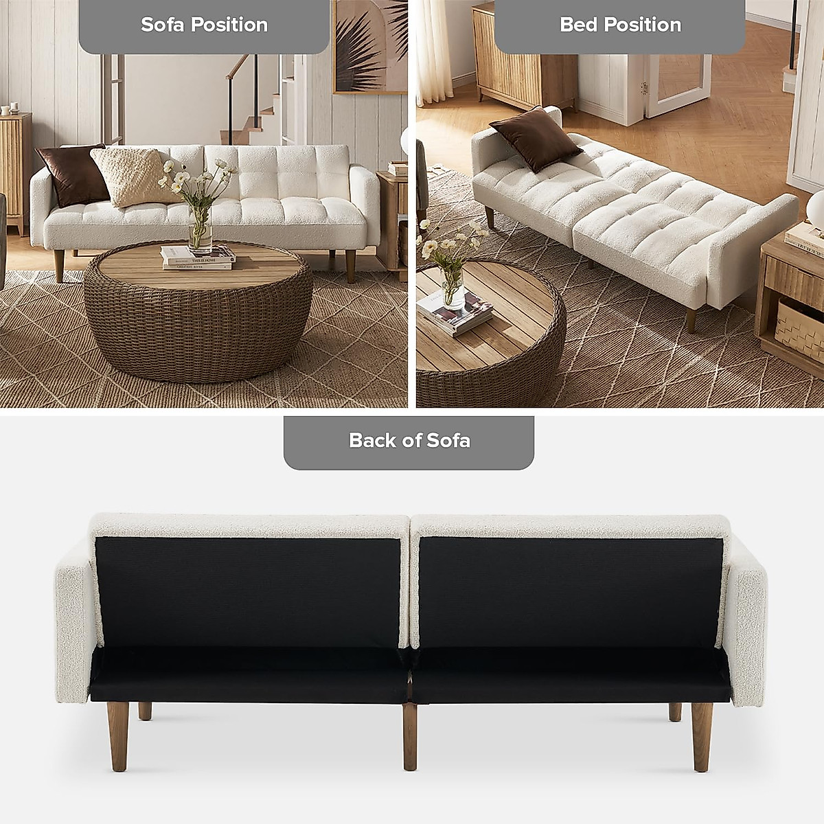 mopio Aaron Couch, Small Sofa, Futon, Sofa Bed, Sleeper Sofa, Loveseat, Mid Century Modern Futon Couch, Sofa Cama, Couches for Living Room, Bedroom (Pearl White, Boucle)