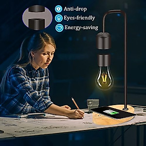 FloatGo Levitating Bulb Lamp with Wireless Phone Charger Apple Android Magnetic Floating Futuristic Lamp Black LED Night Light Desk Lamp for Christmas Gift Home Move in Decoration