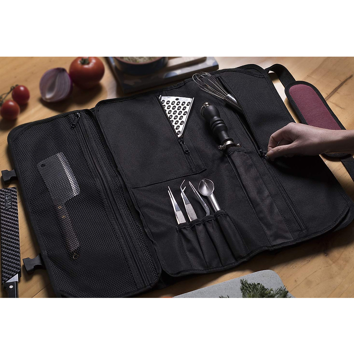 Asaya Chef Knife Roll Bag - 20 Total Pockets for Knives and Kitchen Utensils - Made with Stain Resistant Waxed Nylon - For Chefs and Culinary Students - Knives Not Included(Red)