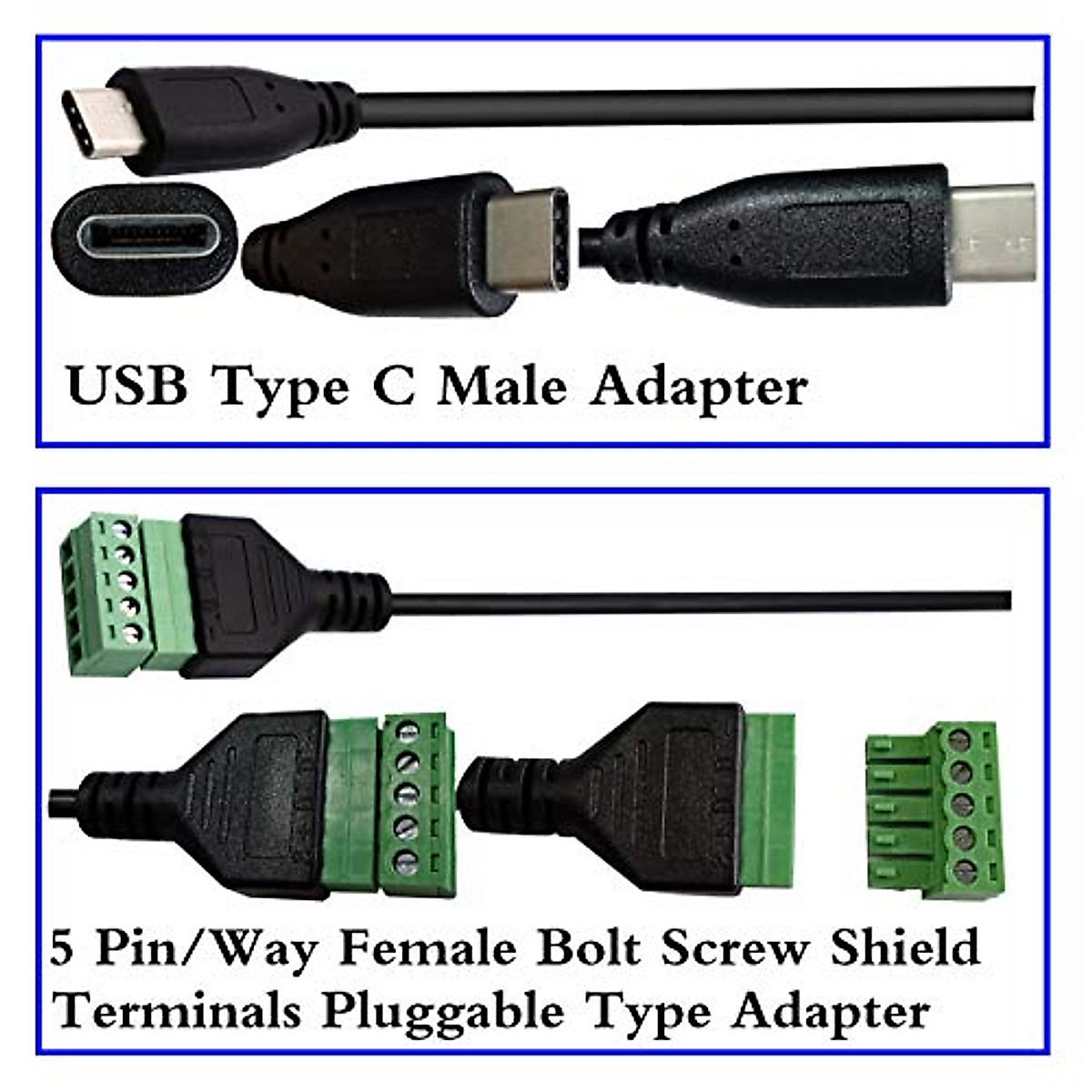 zdyCGTime Type C USB Screw Terminal Block Connector Cable 2.0 Type C USB Male Plug to 5 Pin Way Female Bolt Screw with Shield terminals Pluggable Type Adapter Connector Converter Cable（30CM2Pack Male