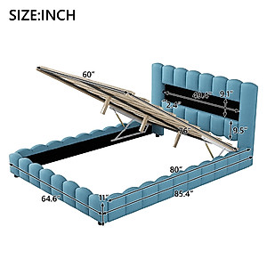 HABUHOME Queen Size Lift Up Storage Bed/Button Tufted Wingback Headboard/Hydraulic Storage/Upholstered Platform Bed Frame/No Box Spring Needed/Wood Slats Support/Light，Blue
