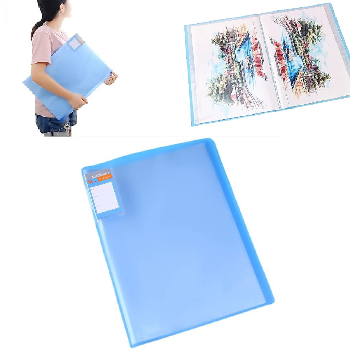 A3 30 Pags Diamond Painting Storage Book, Painting Storage Book 30 Clear Pockets Sleeves Protectors Art Portfolio Book, Display Book, Clear View A3 Document Folder for Painting Presentation (Blue)