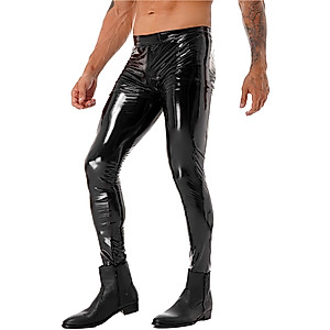 Lorilida Men's Wet Look Faux Leather Muscle Tights Skinny Pants Night Club Leggings Long Trousers Zipper Black Large