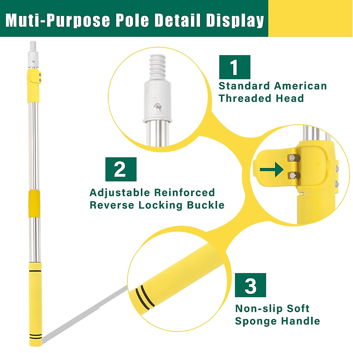 Frebuta Multi-Function Extension Pole, 2Ft to 10Ft Paint Roller Telescopic Extension Pole Heavy Duty Extendable Pole Light Bulb Changer with Long Handle Stainless Steel Tube Sturdy for Cleaning