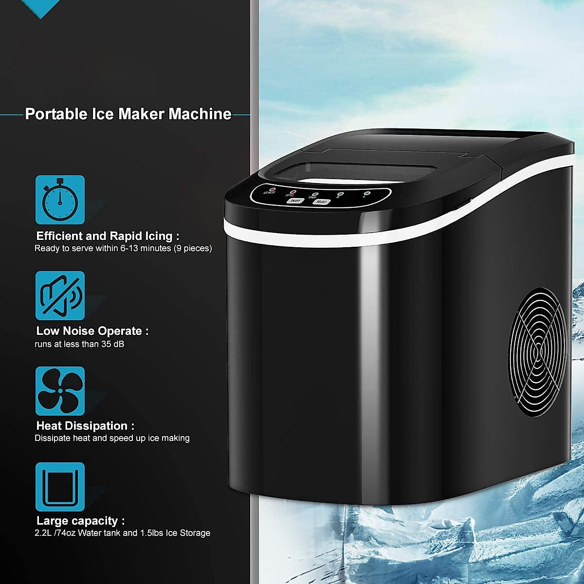 LDAILY Countertop Ice Maker, Make 26 lbs Ice in 24 Hours, Ice Cubes Ready in 6 Mins, High Efficiency Ice Maker with Ice Scoop and Basket, Portable and Compact Ice Machine for Home, Office, Black