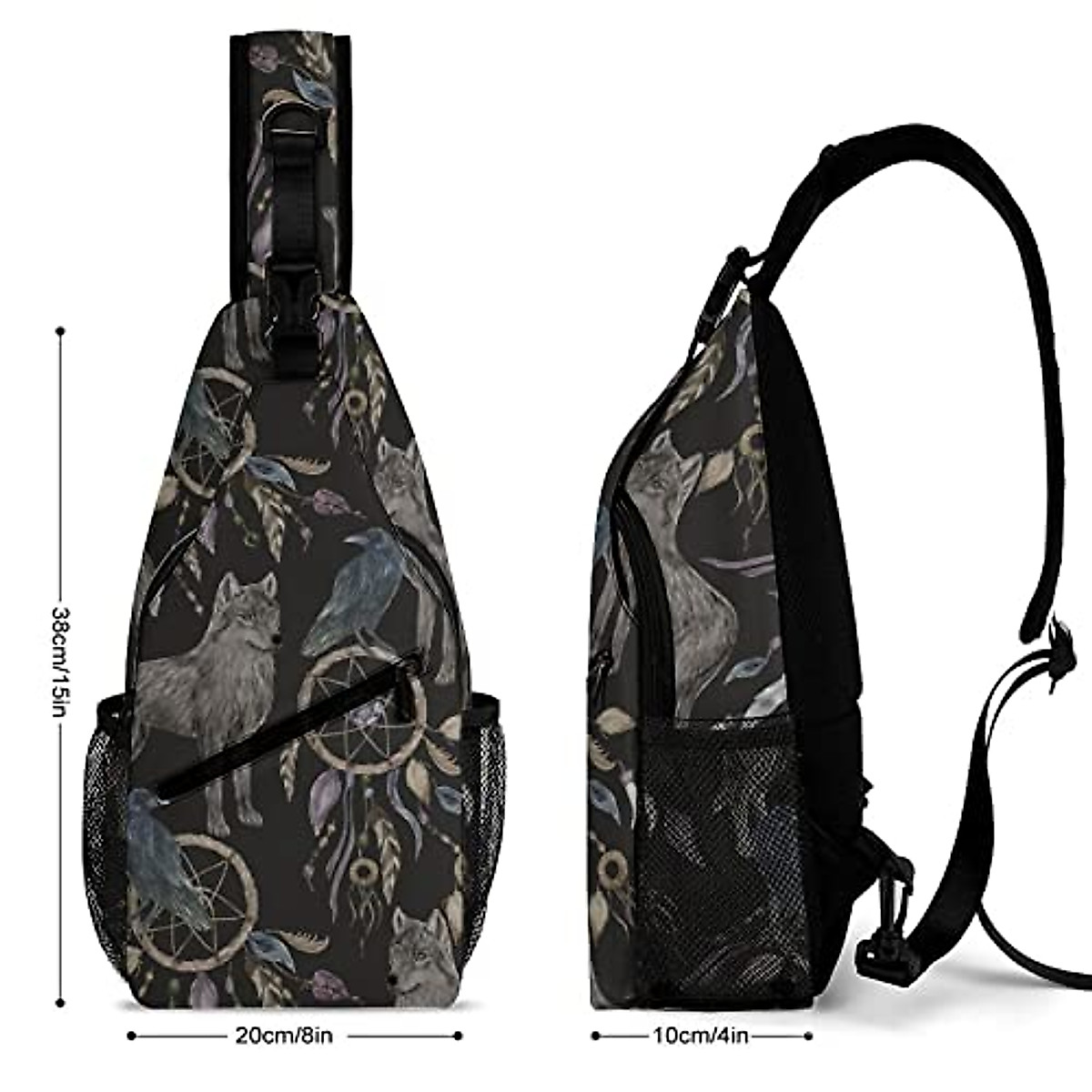 NAWFIVE Sling Bag Watercolor Raven Wolf Crossbody Backpack with Anti Theft Boho Style Adjustable Shoulder Bag for Travel,Hiking,Cycling,Camping