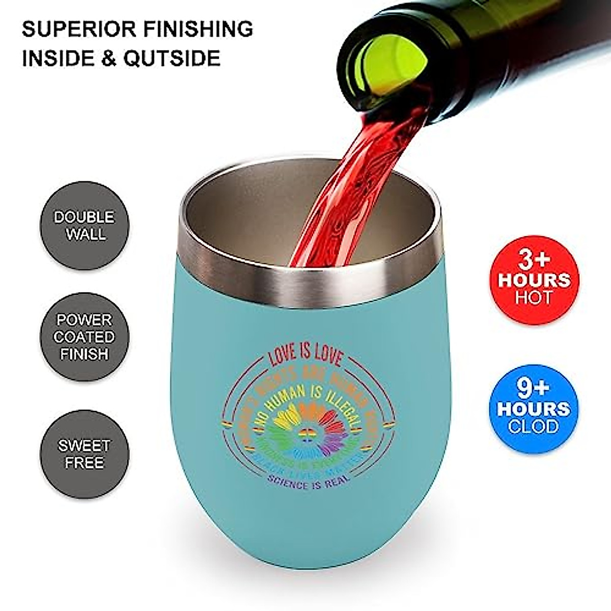 Mighun Love Is Love Rainbow Sunflowers Wine Tumbler with Lid, Gay Pride LGBT Equality Lesbian Vacuum Coffee Tumbler, Gay Pride Stemless Insulated Wine Glasses Cup for Champaign, Cocktail, Beer