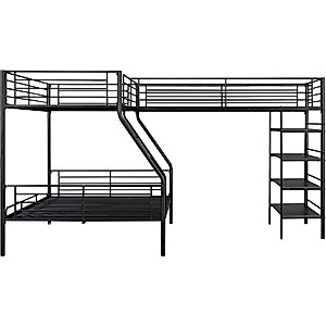 DNYN Twin Over Full Bunk Bed for Kids,L-Shaped Metal Bedframe with Loftbed Style & 4 Built-in Shelves,Perfect for Dorm,Bedroom,Guest Room,No Box Spring Needed,117.2"x77.5"x62.9", Black