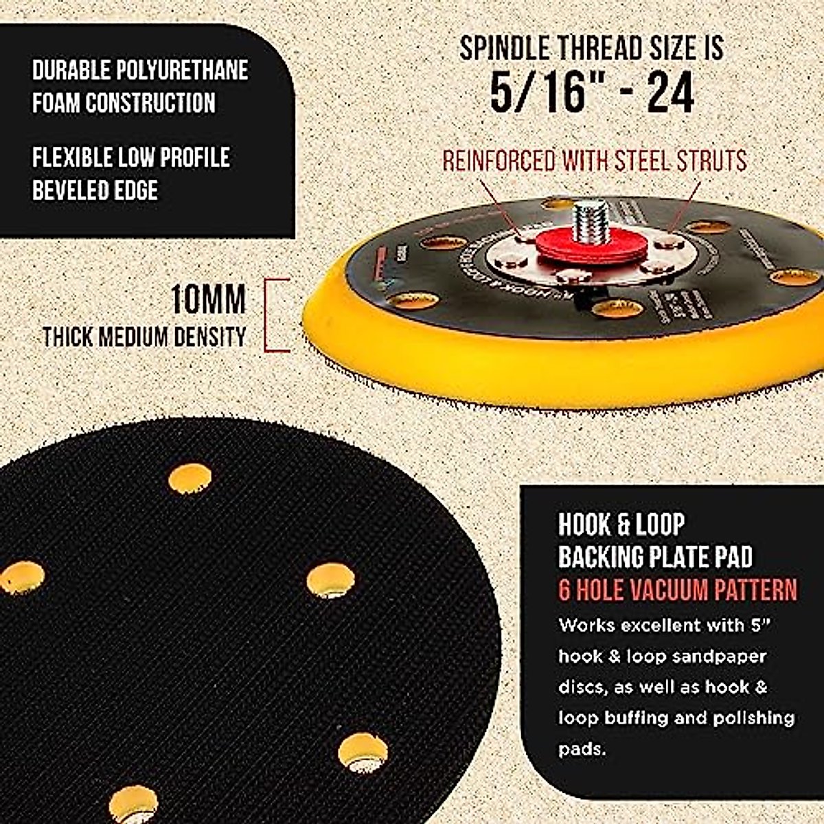 TCP Global 5" DA Sander & Polisher Backing Plate Pad, Hook & Loop, 6 Hole Pattern Dustless - Dual-Action Random Orbital Sanding Pad - Low Profile Edge, Medium Density - for Auto Woodworking Sandpaper