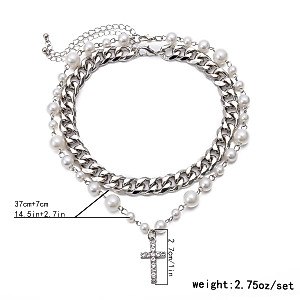 Pearl Cross Necklace for Women Silver Layered Crystal Cross Pendant Punk Chain Choker Necklace Dainty Jewelry