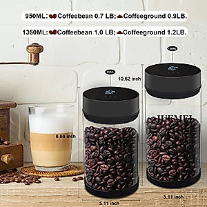 JUEMEL Automatic Vacuum Coffee Canister, Food Storage Container with Temperature & Humidity LCD Display,Time Record,Automatic Vacuum Suction,Electric Coffee jar Clear Glass-16oz/1350ml