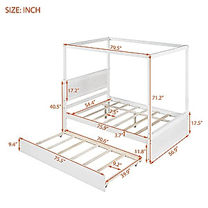 Bellemave Full Size Wood Canopy Bed with Trundle and Two Nightstands, 4-Post Platform Frame Headboard, 3 Pieces Bedroom Set (Brushed White) Full Canopy Bed+2 Nightstands