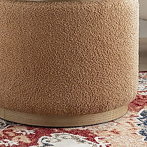 Linon Lexington Tan Sherpa Round Storage Ottoman with Wood Accent