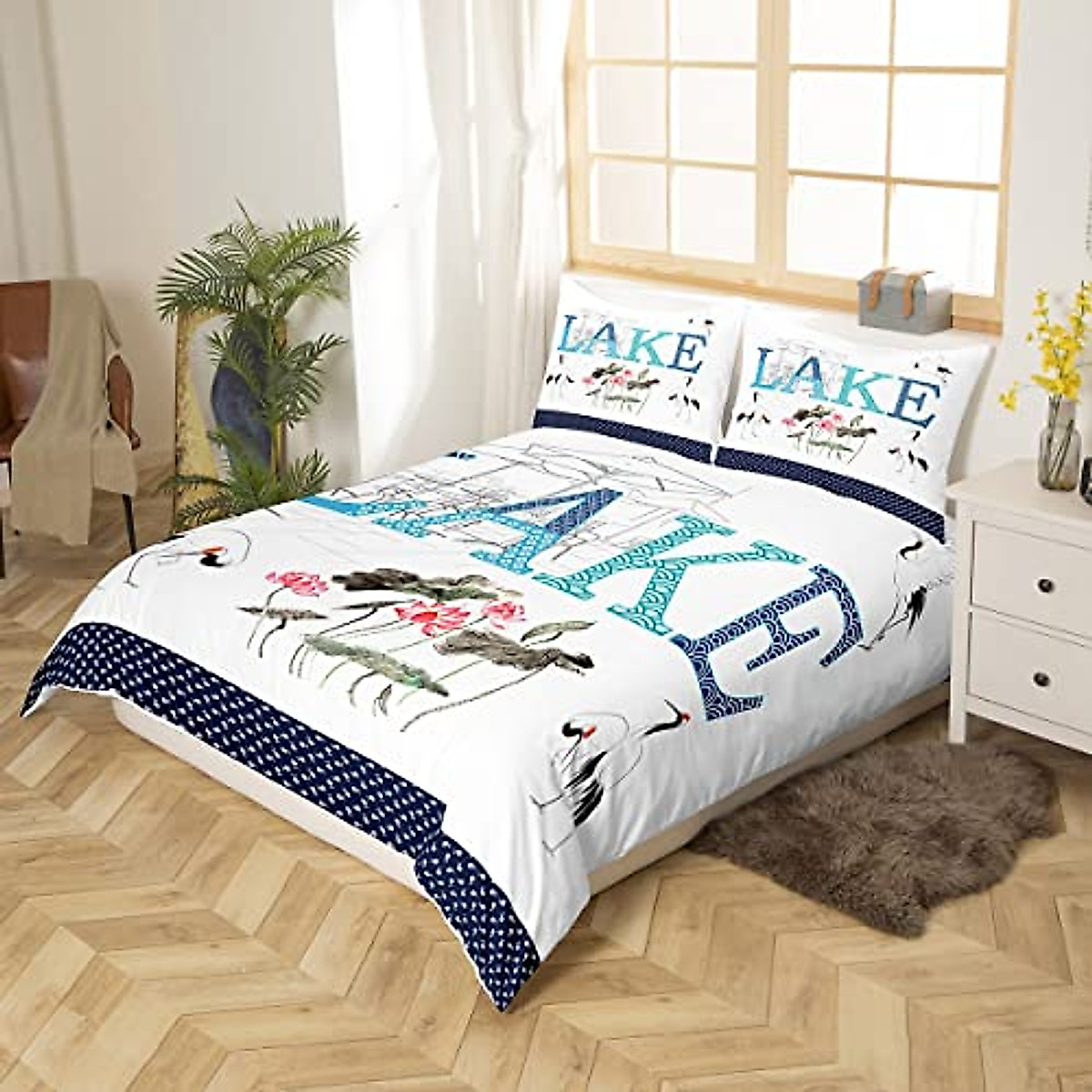 Castle Fairy Lake Life Bedding Set Queen Size,Lotus Flowers Red-Crowned Crane Birds Duvet Cover Set for Children Adult,Chinese Style Painting Soft Comforter Cover for Dorm Room, Zipper, Ties