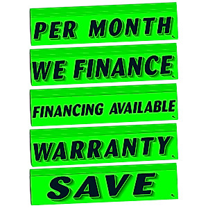 Versa Tags Windshield Slogan Stickers 12 Pack Each of PER Month, WE Finance, FINANCING Available, Warranty, Save (60) Window Stickers Total Dealership Stickers Black On Green