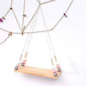Garneck Wall Mounted Shelving Wood Hanging Shelves Swing Rope Floating Shelves Wall Shelves Storage Rack Decorative for Bedroom Living Room Kitchen Bathroom Bookcase Shelf