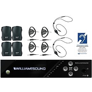 Williams AV FM 557 Large-Area Dual FM Plus and Wi-Fi Assistive Listening System with FM T55 Transmitter, (4) PPA R37N Receivers, (4) EAR 022 Earphones, (2) NKL001 Neckloops and IDP 008 ADA Wall Plaque