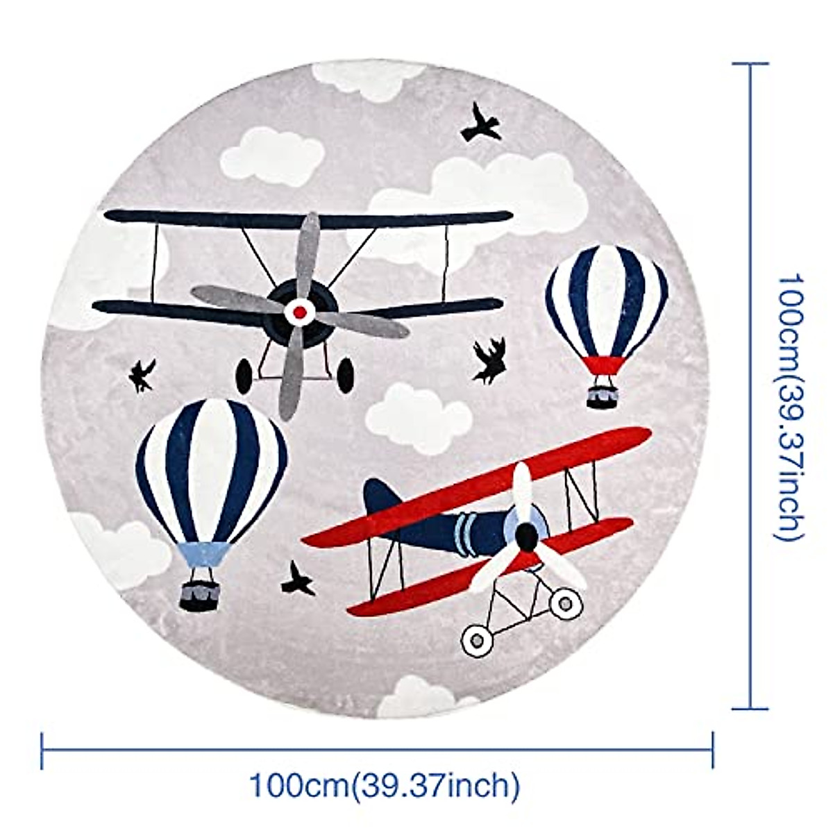 Round Rug 3.3ft, Large Cute Super Soft Aircraft Hot Air Balloon Carpet for Kids Room Playroom Nursery Bedroom Living Room, Non Slip Washable Circular Floor Mat Area Rug for Home Decorative (Grey)