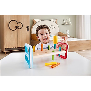 Hape Rainbow Pounder| Pounding Bench Wooden Toy with Hammer Blue, Red, Orange, Green, Yellow, Wood, L: 9.1, W: 4, H: 4.2 inch