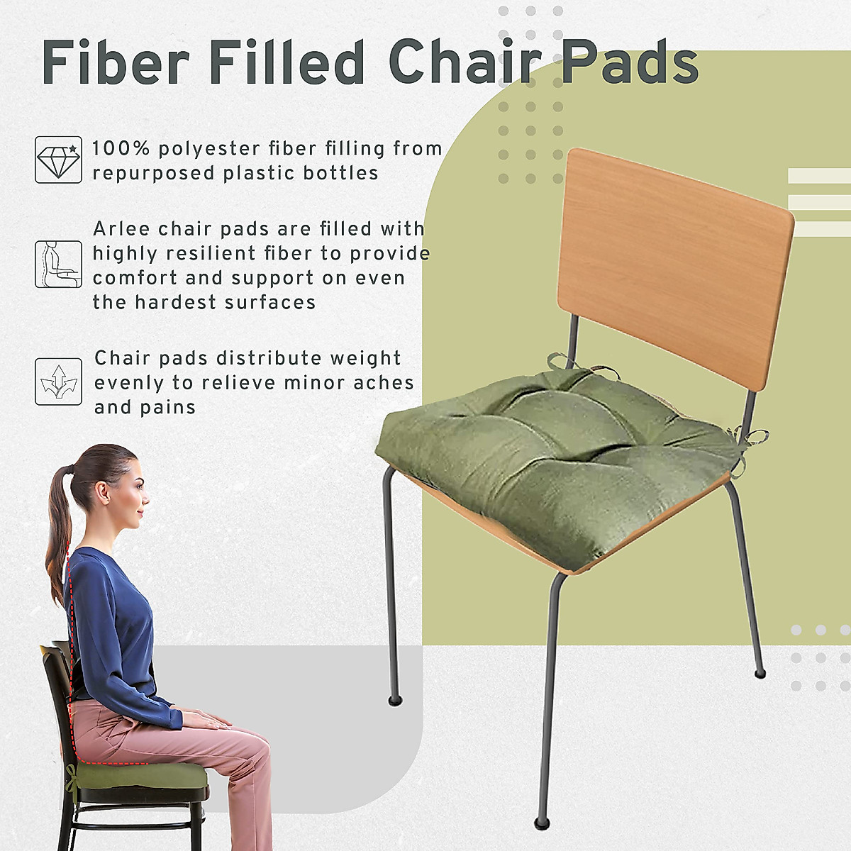 Arlee Home Fashions – Fiber Filled Premium Chair Pads - Chair Pads with Tiebacks –17.25” L X 16” W – Tan - Set of 4