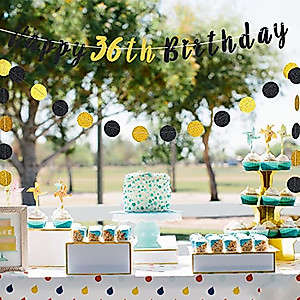 LASKYER 36th Birthday Decoration Set - Happy 36th Birthday Banner with Black & Gold Glitter Circle Dots Cheers to 36 Years Old Birthday Party Decorations.[Pre - Strung]