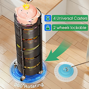 PXRACK Fruit Basket for Kitchen, 5 Tier Circular Rotating Basket Large Storage Rack with Wheels, Fruit and Vegetable Metal Wire Shelf with Top Lid for Living Room, Office, Black