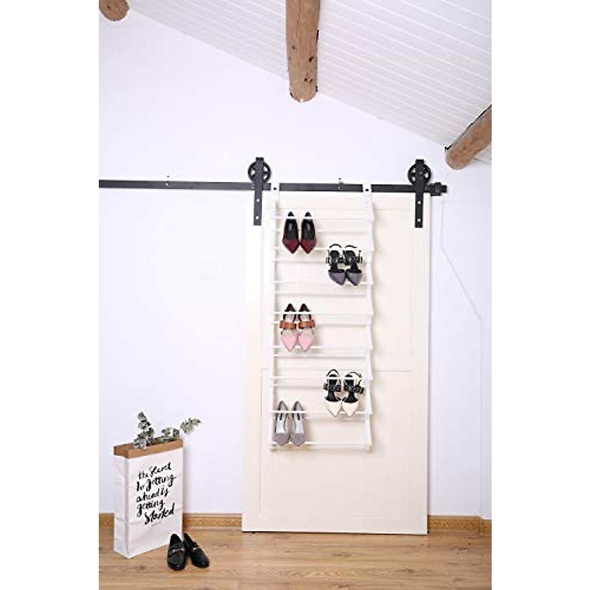 Imperial Home Shoe Rack - Metal Shoe Shelf with Black Plastic Frame – 4 Stackable Tiers Durable with Silver Metal Shelves for Walk-in Closet, Living Room, Entryway or Hallway (Over-The-Door)