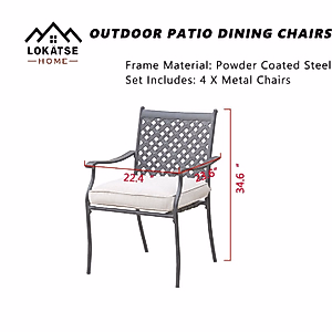 LOKATSE HOME 4 Piece Outdoor Patio Metal Wrought Iron Dining Chair Set with Arms and Seat Cushions - Beige