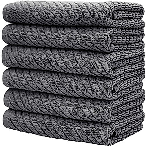 Premium Kitchen Towels (16”x 25”, 6 Pack) | Large Cotton Kitchen Hand Towels | Dish Towels | Diagonal Weave Design | 445 GSM Highly Absorbent Tea Towels Set with Hanging Loop | Grey