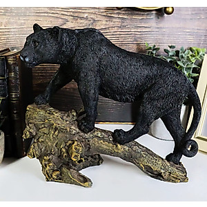 Ebros Gift Black Panther Cougar Climbing Weathered Tree Log Statue 10" Long Wildlife Black Jaguar Ghost Forest Hunter Sculpture Home Decorative Accent