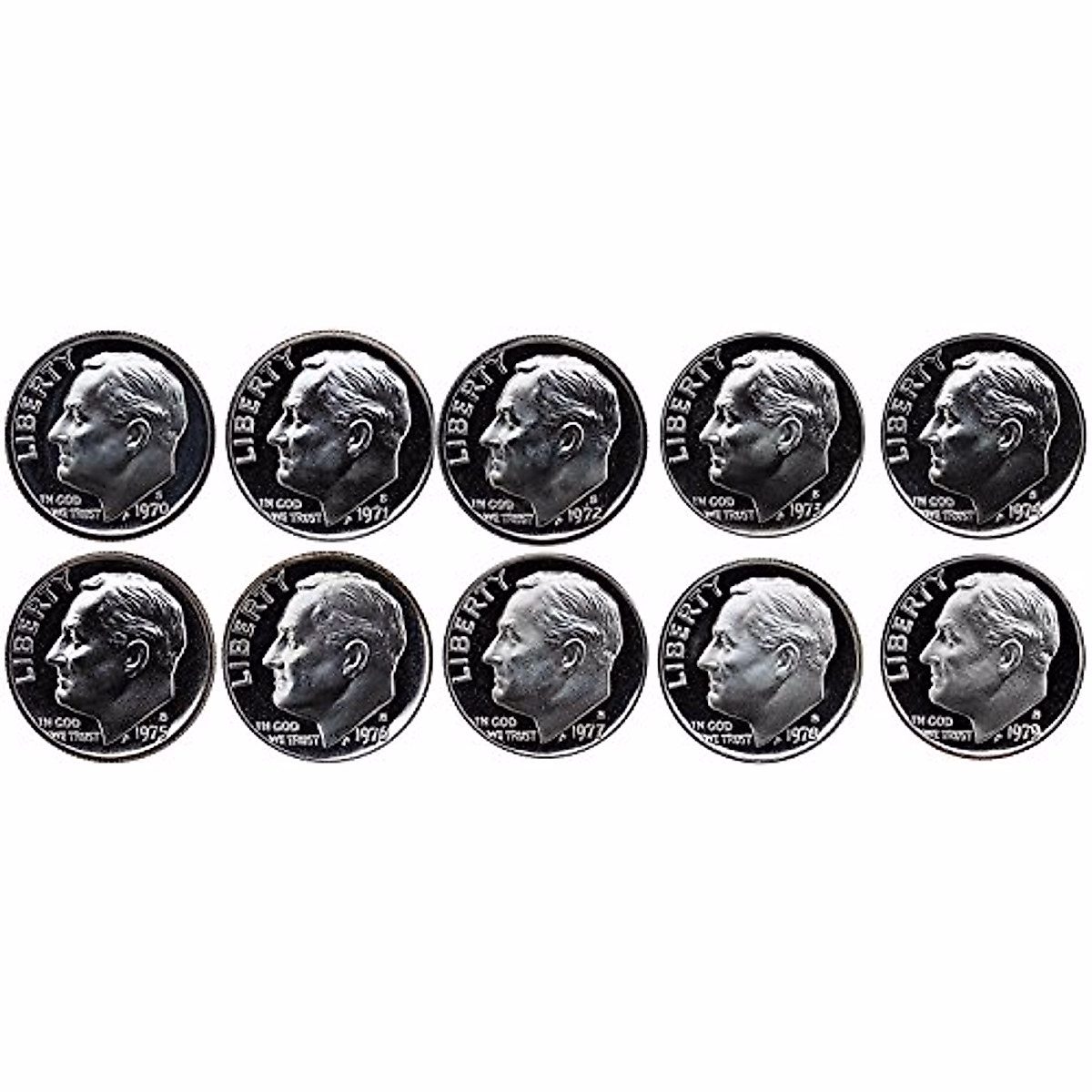 1970 S - 1979 S Roosevelt Dimes Gem Proof Run 10 Coins US Mint Decade Lot Complete 1970's Set Uncirculated