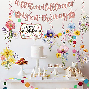 Cocomigo Wildflower Baby Shower Decorations Banner Hanging Swirls, 17pcs Floral Baby Shower Decorations for A Little Wildflower is on Her Way Baby Shower, Flower Baby Shower Decorations Rose Gold