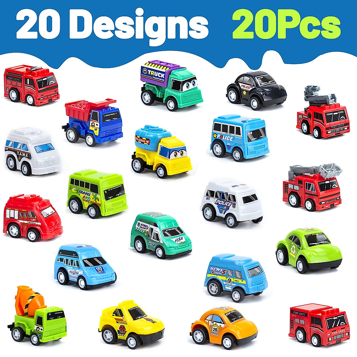 20 Pack Pull Back City Cars and Trucks Toy Vehicles for Toddlers 1-3 Mini Car Toys Fire Trucks & Construction Vehicles & Police Cars Play Set for Kids 3 4 5 6 7 Goodie Bag Stuffers Party Favors