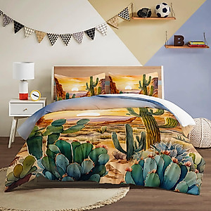 AILONEN Watercolor Cactus Duvet Cover Twin Size,Sunset Mountains Cactus Forest Bedding Set,Orange Succulent Flower Comforter Cover for Boys Teens Kids,1 Quilt Cover 2 Pillowcases,3 PCS
