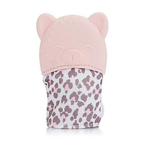 Itzy Ritzy Silicone Teething Mitt - Soothing Infant Teething Mitten w/Adjustable Strap, Crinkle Sound, Textured Silicone to Soothe Sore & Swollen Gums, Baby Teething Toy for 3 Mos & Up, Blush Leopard
