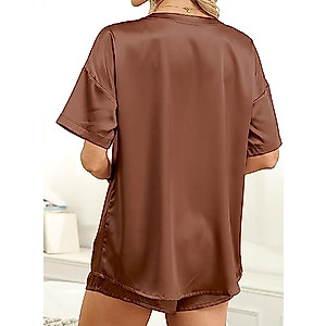 BEKOFO Silk Satin Pajama Sets Pj Satin Set Silk Pj for Women Set Satin Pajamas Shorts Pj Shorts and Silk Tshirt Summer Lounge Satin Set Brown Large
