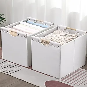 HOONEX Large Collapsible Storage Bins, Linen Fabric, Pack of 2, Storage Baskets with Wooden Carry Handles and Sturdy Heavy Cardboard, for Home, Office, Car, Nursery, White