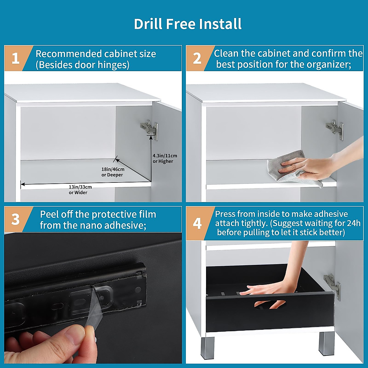 Sanbege Pull Out Cabinet Organizer Self Adhesive, Heavy Duty Metal Sliding Drawer, 16.9" D x 11.8" W x 3.7" H Slide Out Pantry Shelf for Kitchen, Bathroom, Bedroom, Living Room, Garage, Office (Black)