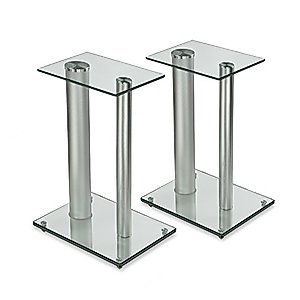 Mount-It! Floor Speaker Stands for Bookshelf Speakers and Surround Sound Home Theaters, 18 Inch High, 22 Lbs Capacity, Tempered Glass and Aluminum, Clear and Silver, One Pair