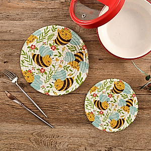 Summer Flowers Honey Bee Kitchen Trivet Mat 2Pcs Cartoon Bumble Bee Insects Pot Holders Cotton Woven Trivets Round Hot Pads Coasters for Cooking and Baking House Dinner