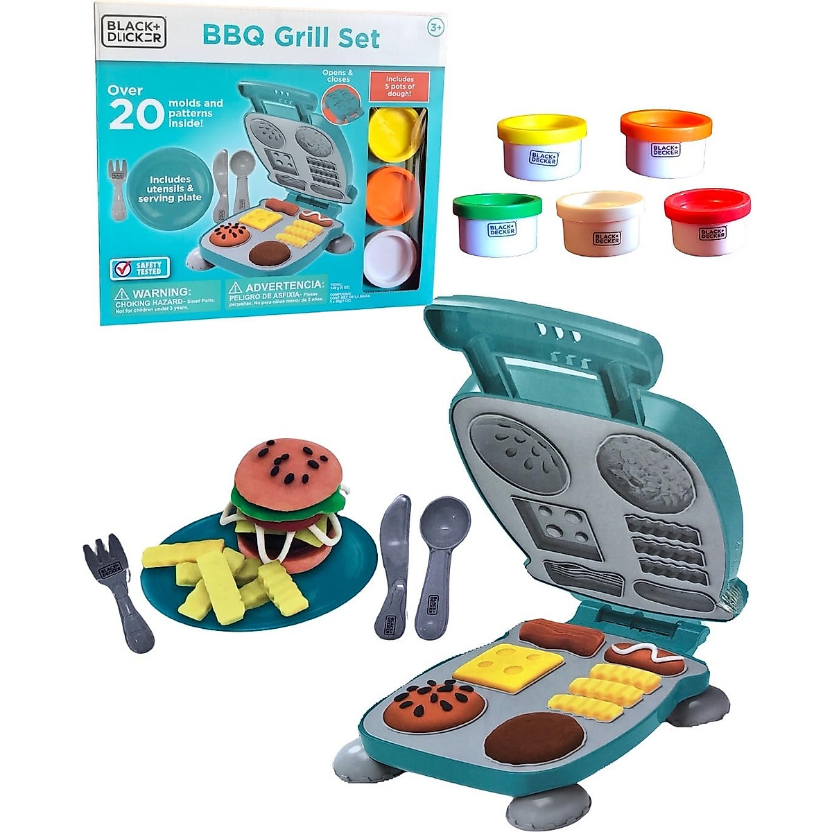 TOY DEALS USA, Cooking Toy Set, Kitchen Toy Set, Toy BBQ Grill Set, Little Chef Play, Kids Grill Playset, Interctive BBQ Toy Set for Toddlers, 20 Molds & Patterns Inside Plus 5 Pots of Dough