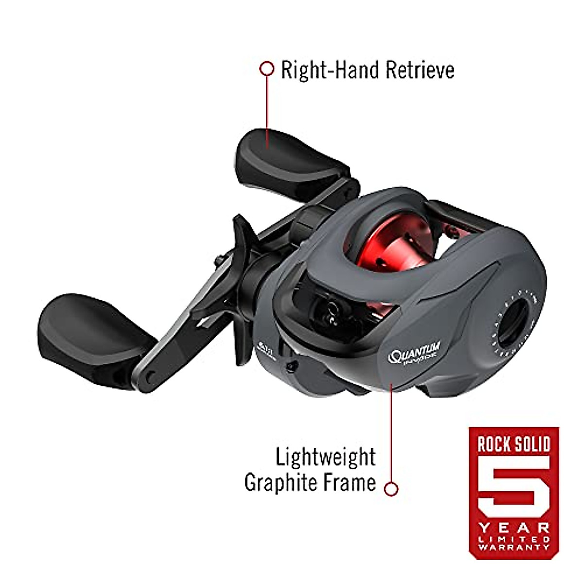 Quantum Invade Baitcast Fishing Reel, Size 100 Reel, Right-Hand Retrieve, Oversized Handle Knobs, Zero-Friction Pinion, Lightweight Graphite Frame, Dark Gray
