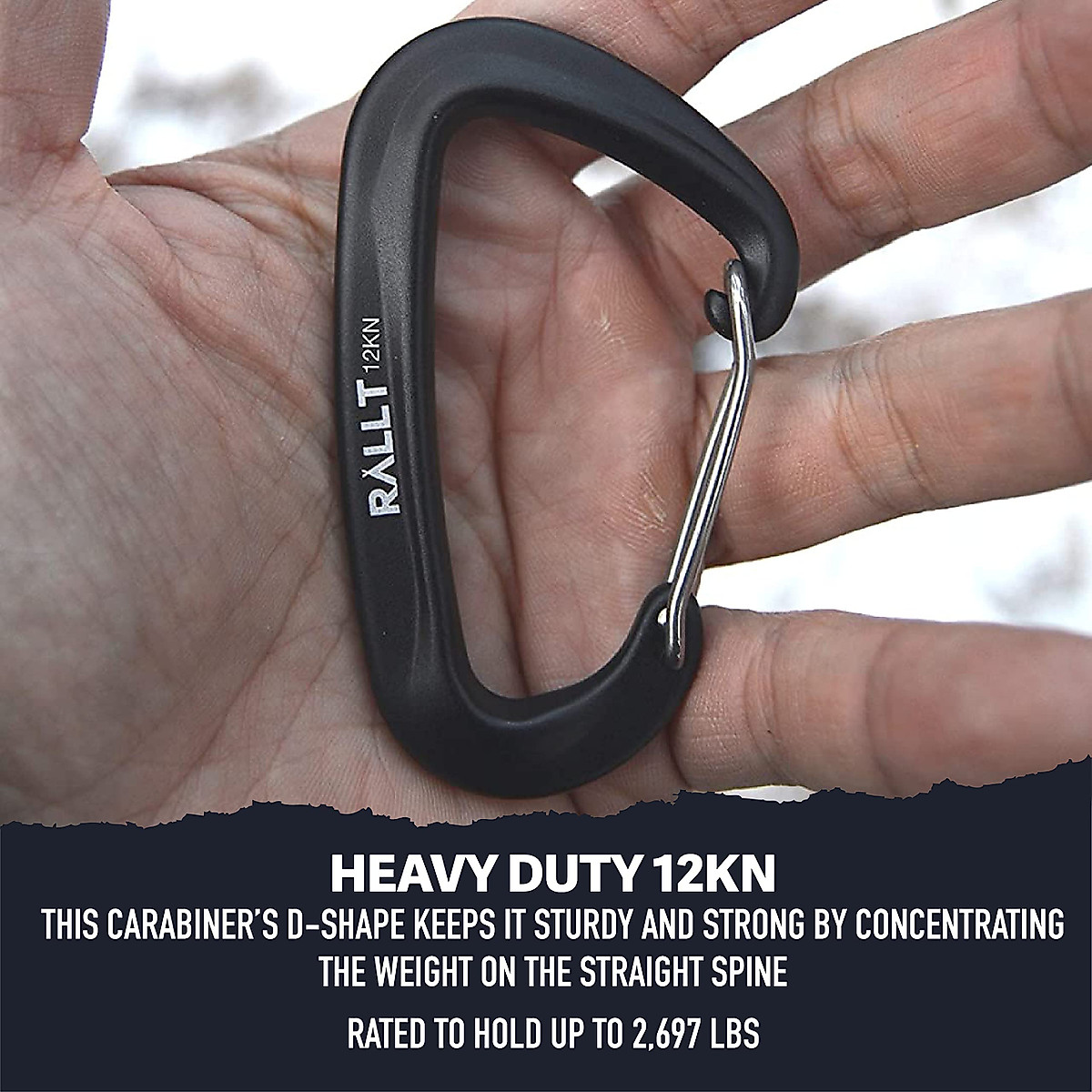 RALLT Wire Gate Carabiners - 12kN (2697lb) Snag-free Heavy Duty Carabiner Clip for Hiking, Hammock & Backpacking - Made with Lightweight, No Rust Aluminum Material- Camping Accessories (Black, 2 Pack)