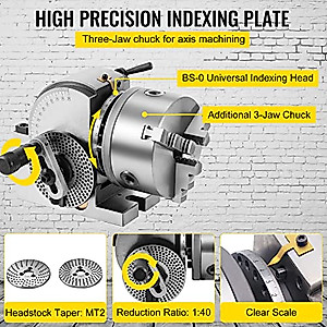 Mophorn Dividing Head BS-0 5Inch 3 Jaw Chuck Dividing Head Set Precision Semi Universal Dividing Head for Milling Machine Rotary Table Tailstock Milling Set (5 Inch Chuck)