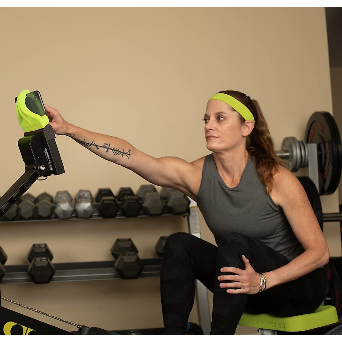 Smartphone Cradle Designed for Concept 2 Rowing Machine PM3 Monitor, PM4 Monitor, Silicone Phone Holder with Adapter Compatible with Concept2 Pm3 and Pm4 Monitors… (Yellow)