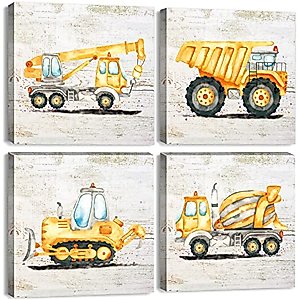 Construction Car Wall Art Boys Room Decor Cartoon Truck Tractor Digger Canvas Posters for Boy Bedroom Toddler Pictures Watercolor Vehicle Theme Paintings Kids Nursery Artwork Decorations 12x12”4Pcs