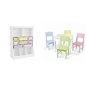 KidKraft Wooden Wall Storage Unit with 8 Plastic Bins and 13 Compartments - White, Gift for Ages 3+ and Nantucket Kid's Wooden Table & 4 Chairs Set with Wainscoting Detail, Pastel, Gift for Ages 3-8